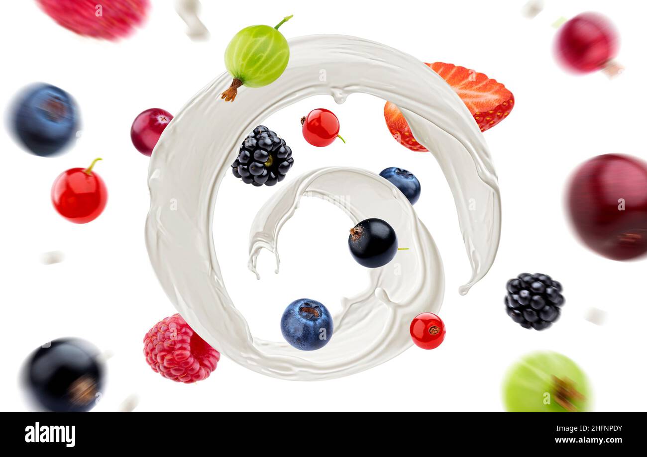 Wild berries with milk splash isolated on white background Stock Photo ...