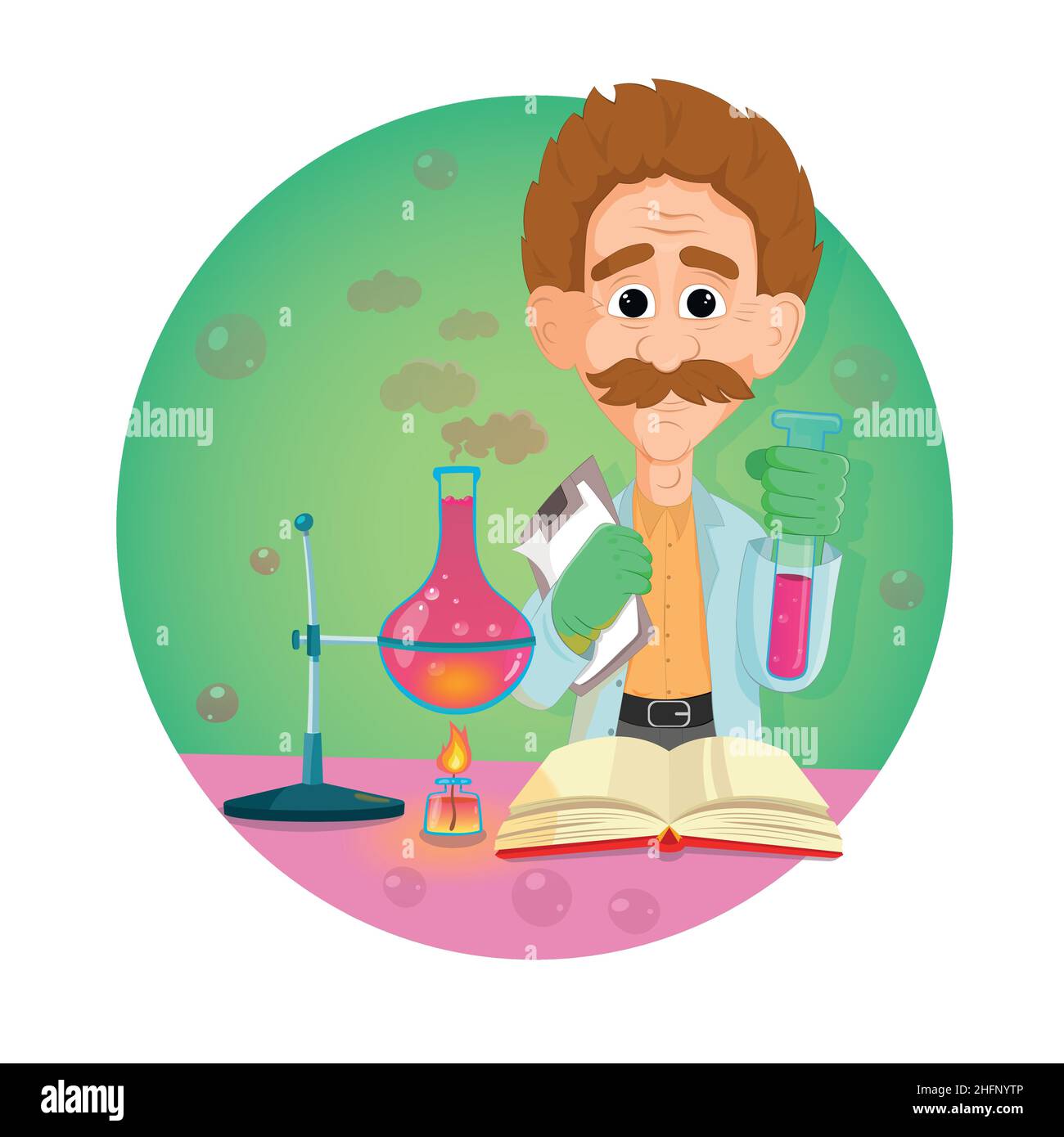 Men doing chemistry experiments. Holding flask and test tube in hands ...