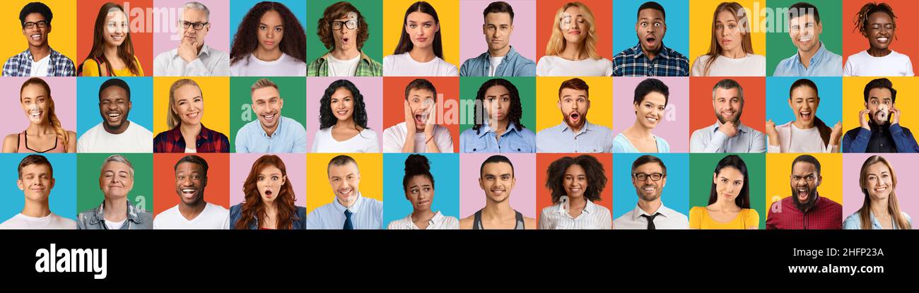 Collection of diverse multicultural people expressing different ...