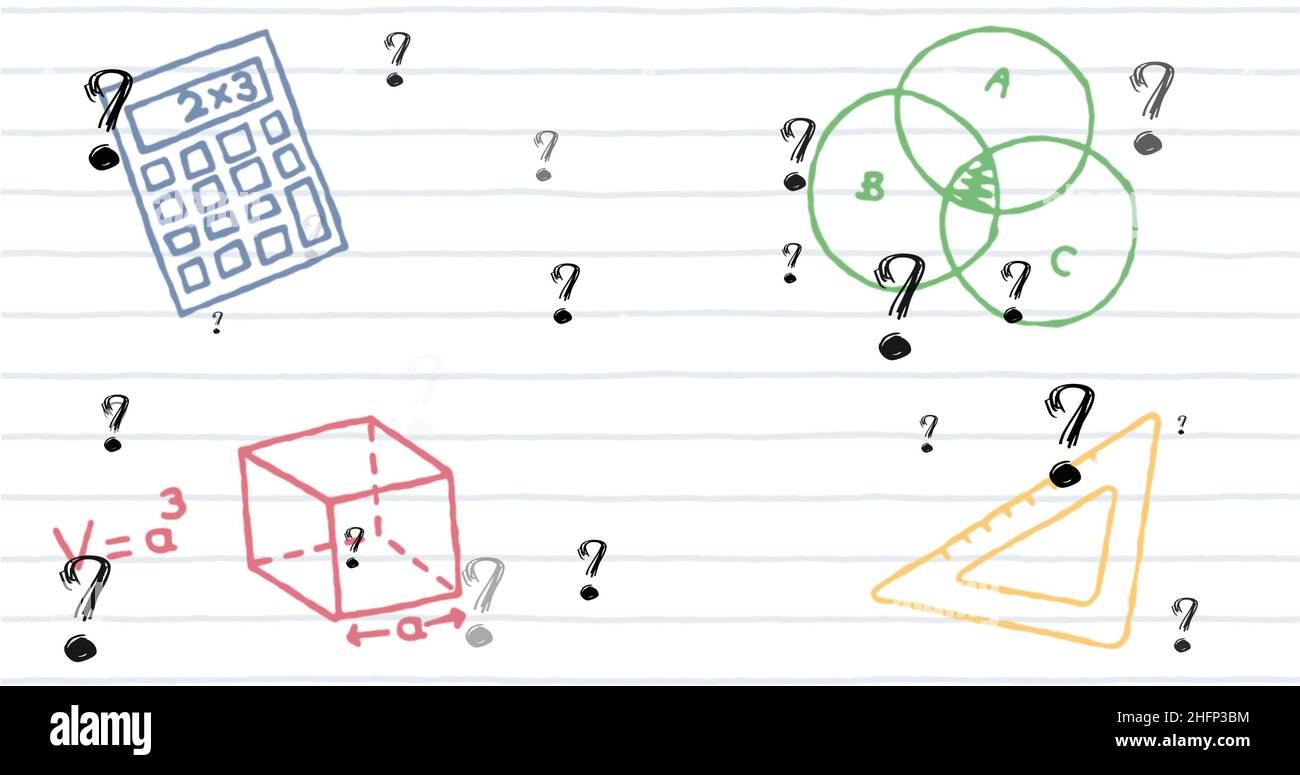 Image of question marks and school icons on white background Stock ...