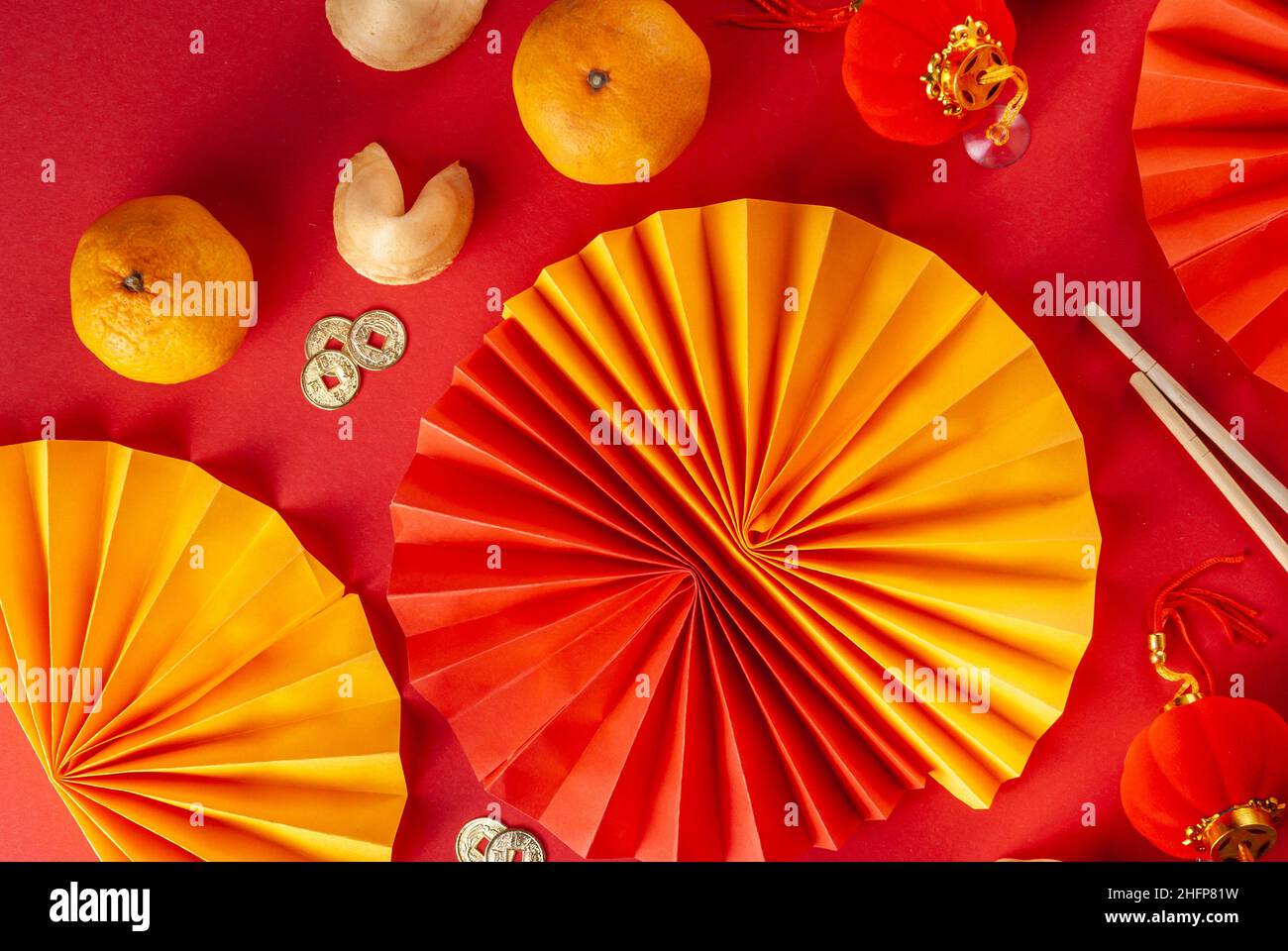 Chinese new year background. Red and golden yellow flatlay with ...
