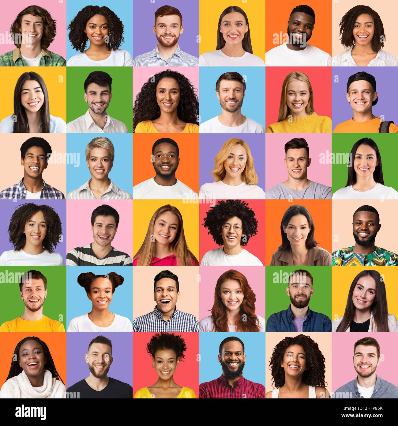 Portraits collage. Bright set of different multiracial people faces on ...