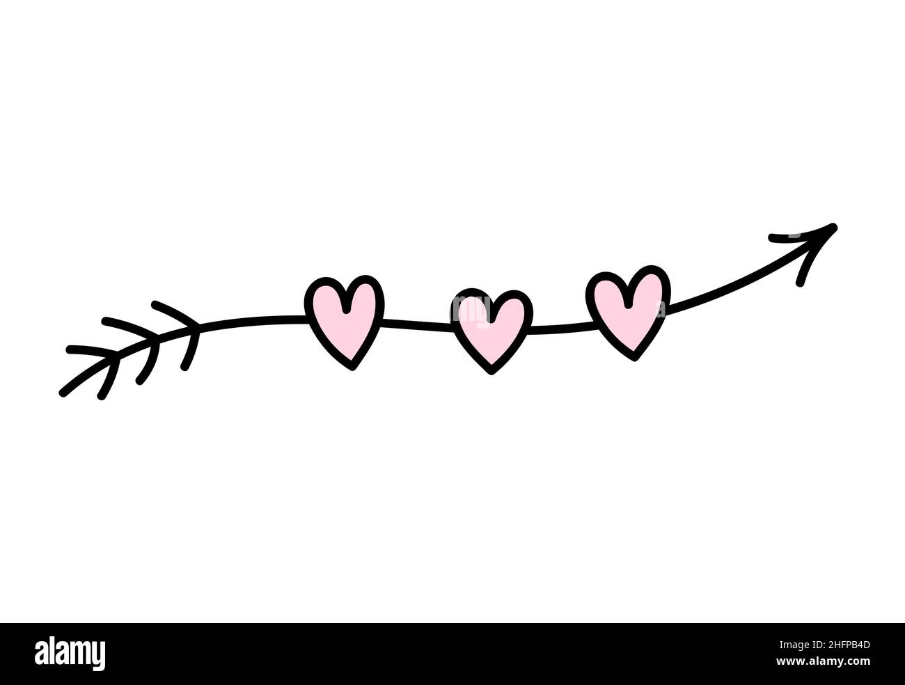 Cute doodle arrow with hearts isolated on white background. Vector hand ...