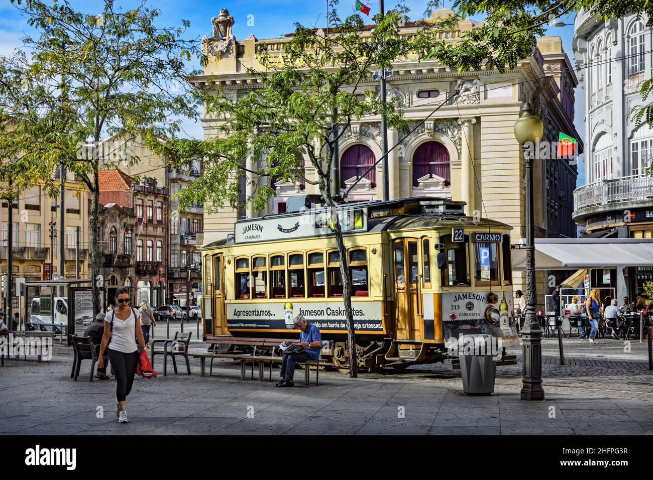 Portugal. Porto. Tramway line 22 passing in front of the theatre Stock ...