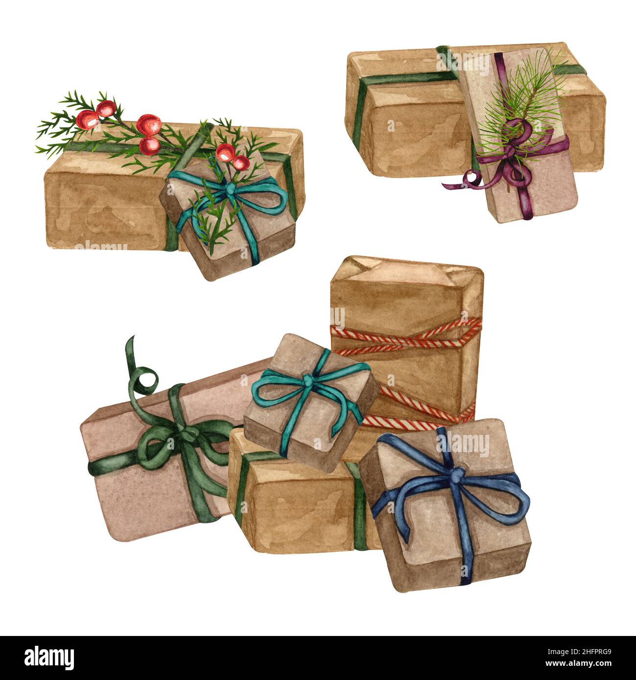 Watercolor handpainted set with pile of gift boxes and presents in ...