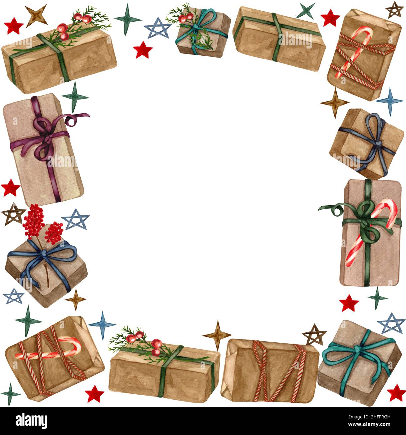 Watercolor handpainted frame with gift boxes and presents in craft ...