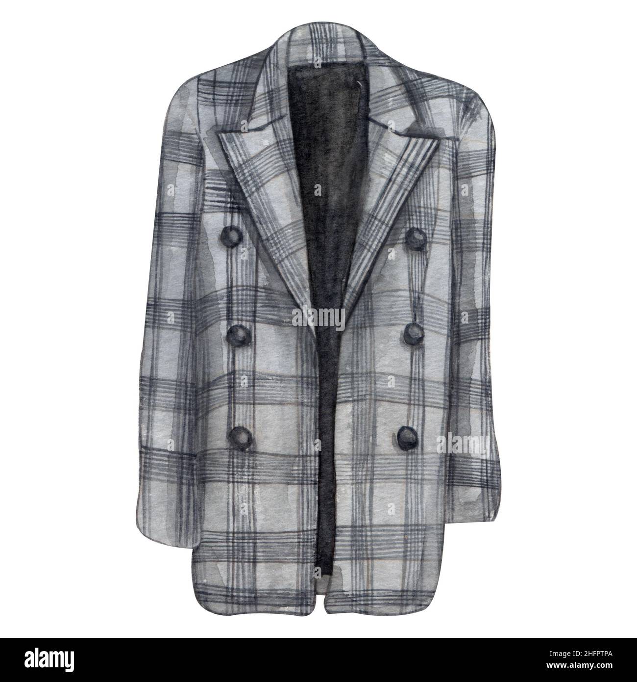 Watercolor hand painted winter Jacket. Warm feminine trendy coatin gray ...