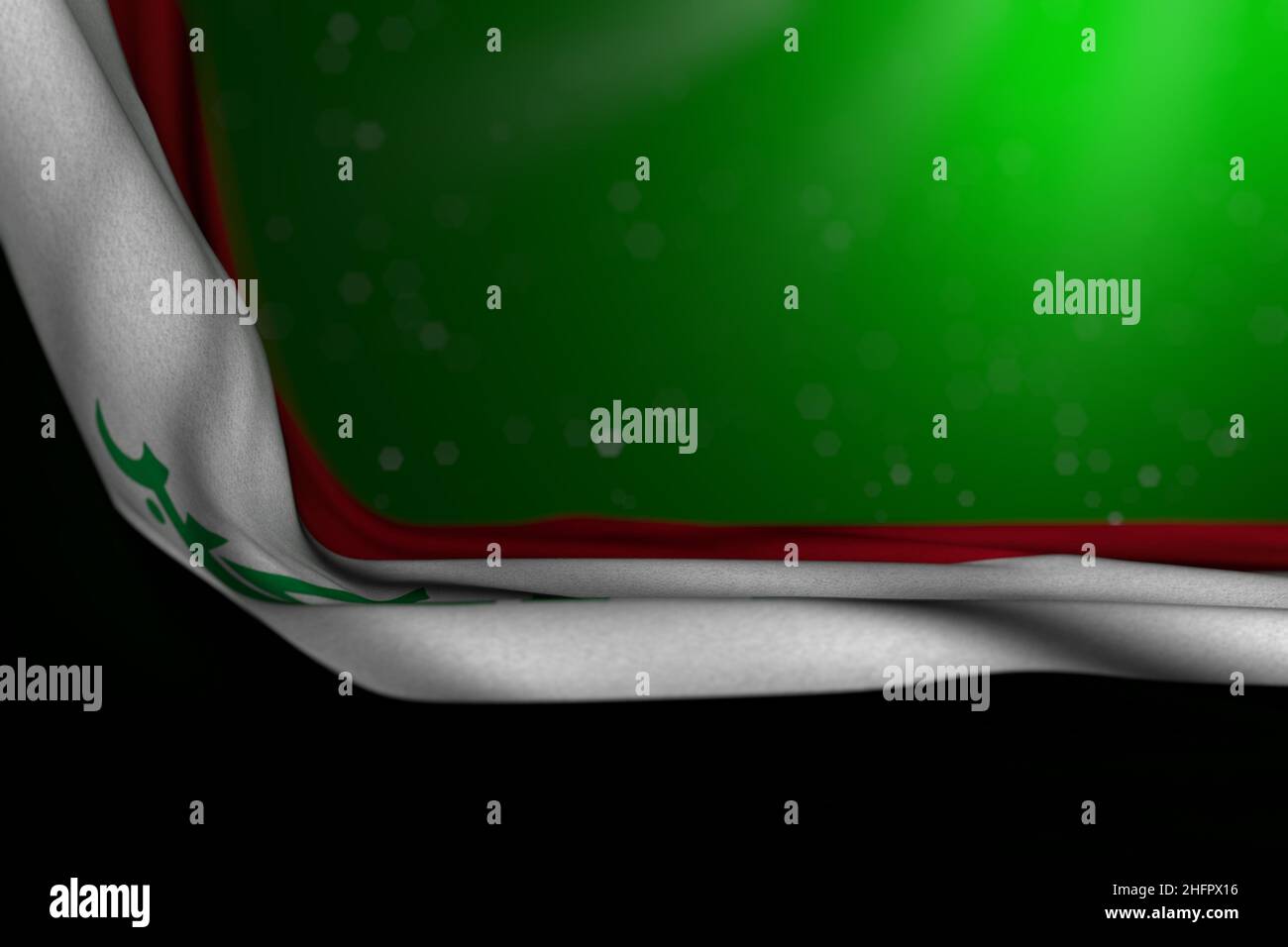 beautiful dark picture of Iraq flag lay diagonal on green background ...
