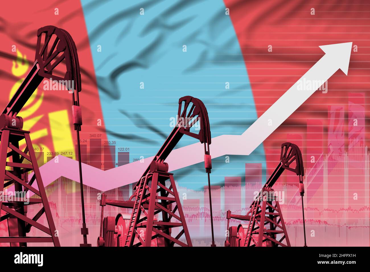 Mongolia oil industry concept, industrial illustration - rising up ...