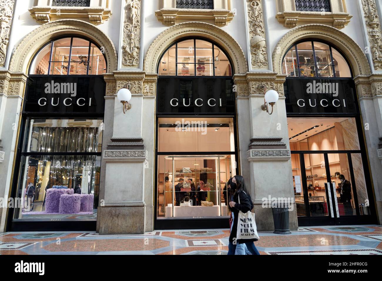 MILAN, ITALY - JANUARY 14, 2022: Facade of GUCCI store inside Galleria ...