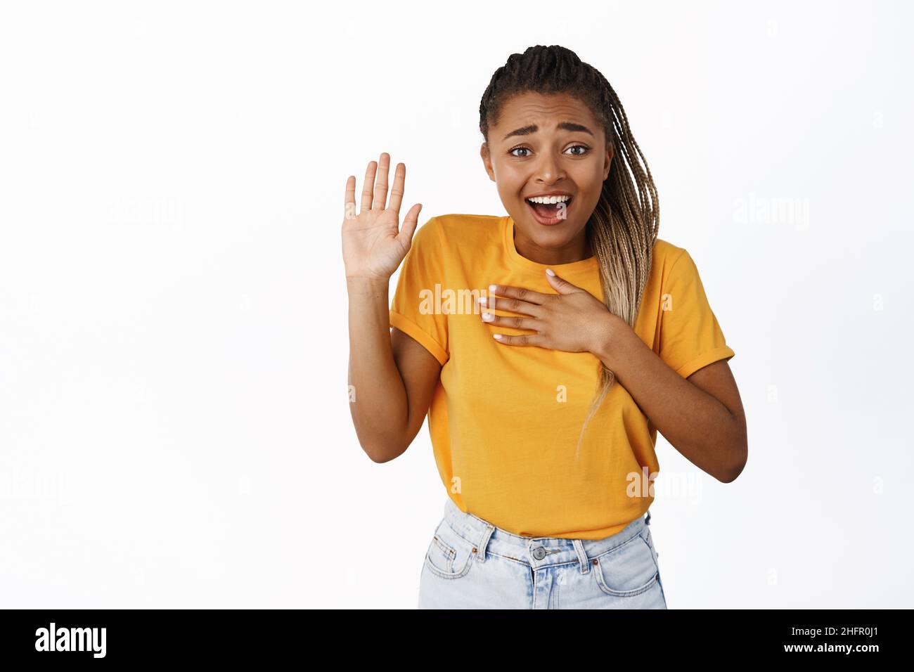 Happy Black girl raising hand and introduce herself, say me, self ...