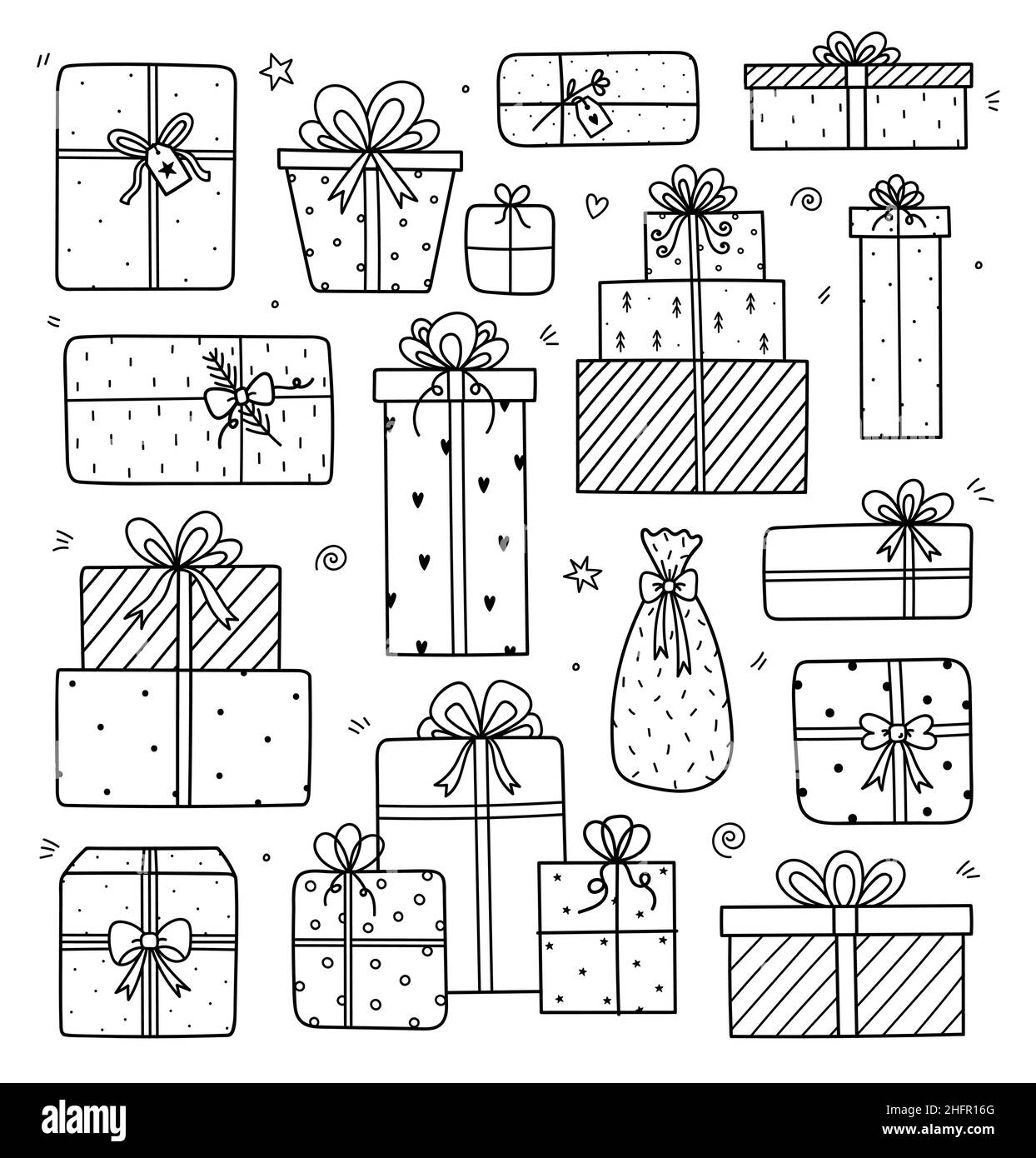 Cute set of doodles with gifts isolated on white background. Presents ...