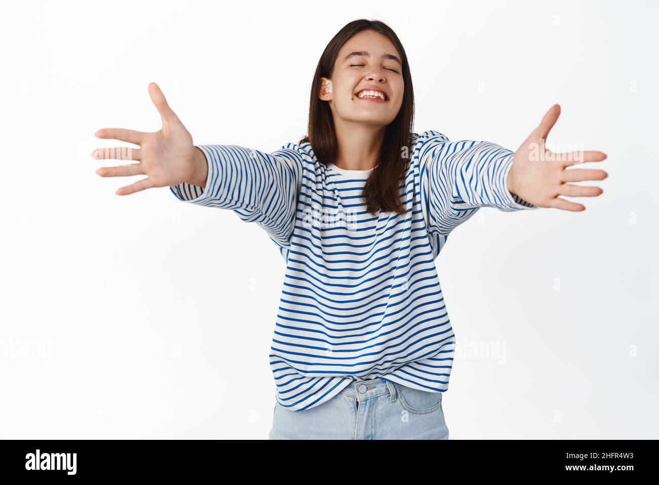 Smiling romantic girl reaching for hug, want to embrace cuddle you ...