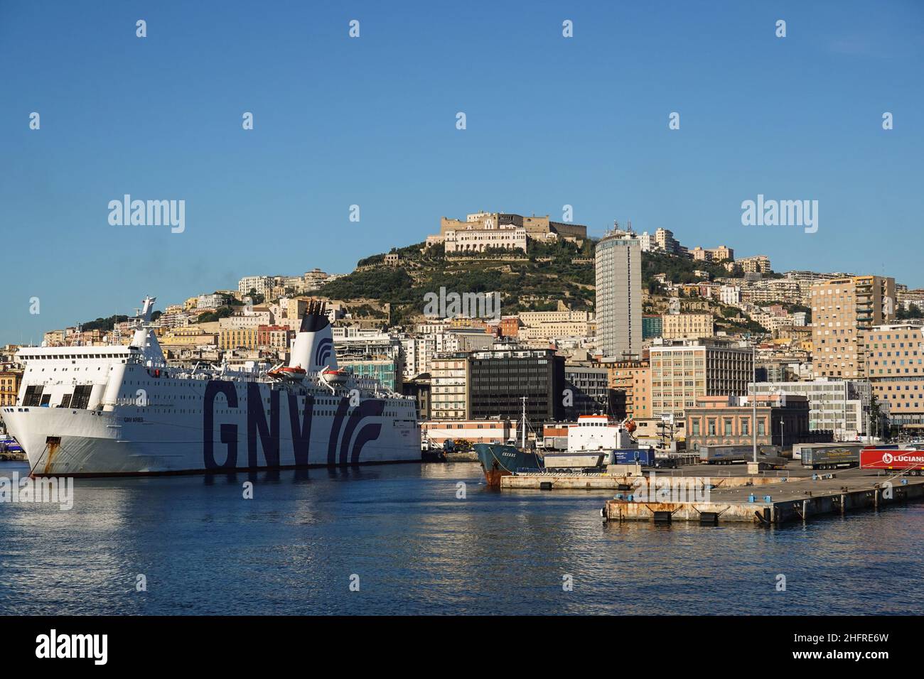 Napoli, Italy - October 16 2021: GNV Aries car ferry is anchored in the ...