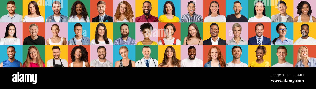 Headshots Of Diverse Happy Multicultural People Posing Over Colorful ...