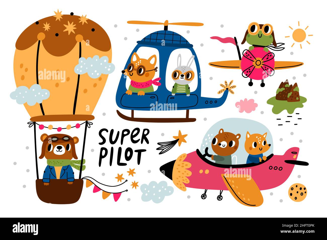 Animal pilots. Cartoon characters in aircrafts. Funny air transport ...