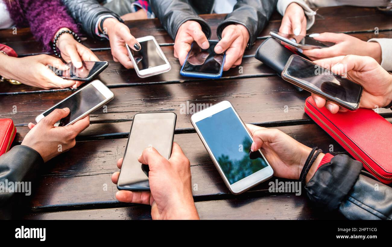 Milenial people having fun using smart phones - Gen z community sharing ...