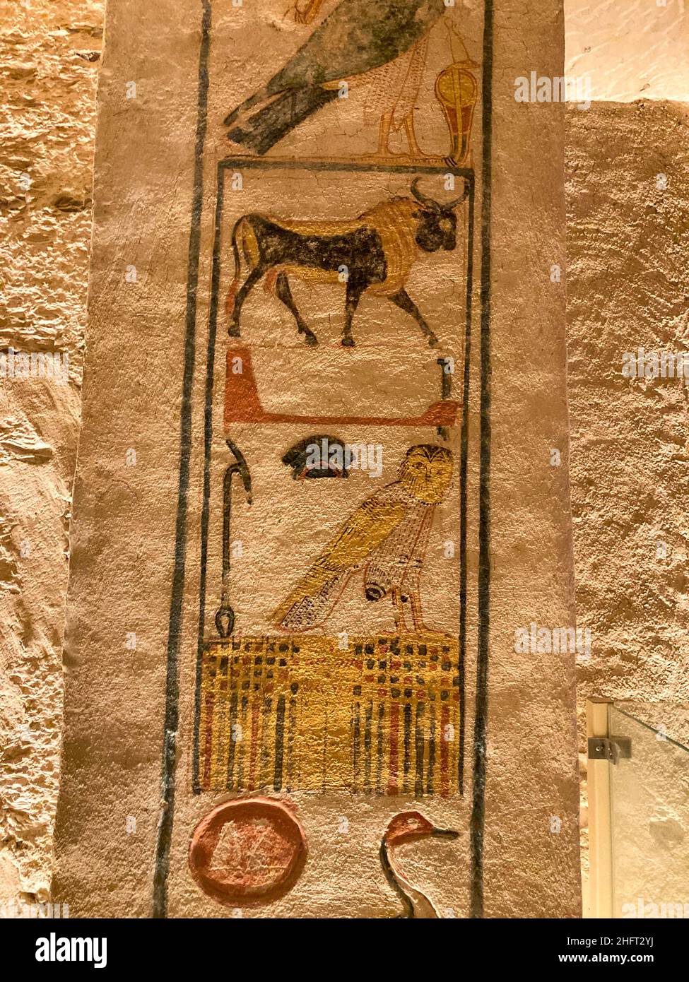 Drawings and hieroglyphs on the walls of the tomb of Ramses IX in the ...