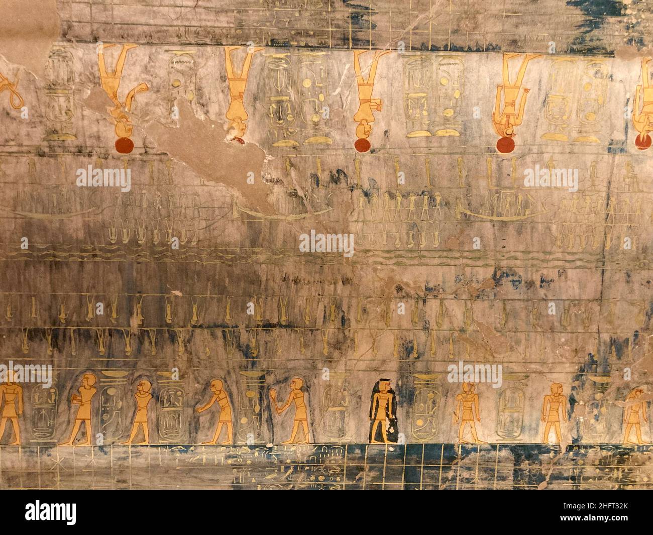 Drawings and hieroglyphs on the walls of the tomb of Ramses IX in the ...