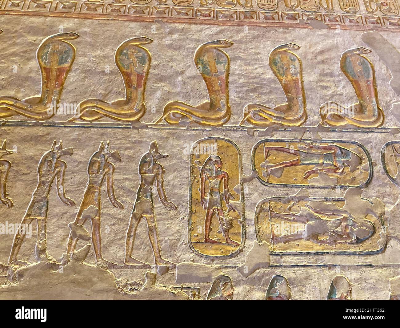 Drawings and hieroglyphs on the walls of the tomb of Ramses IX in the ...