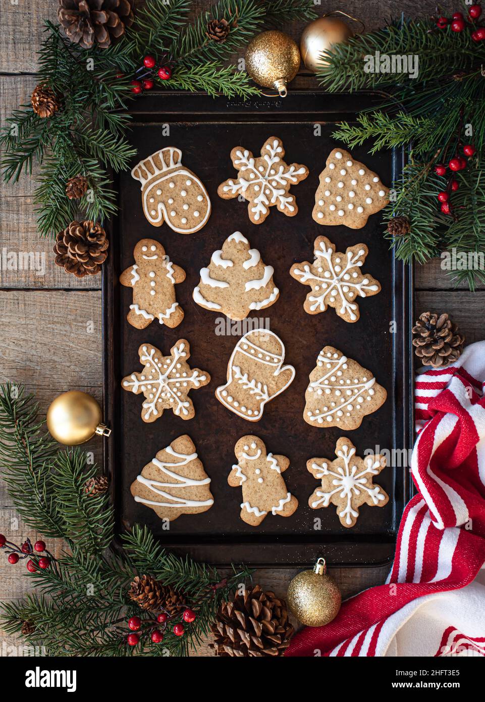 Overhead of christmas shaped gingerbread cookies on sheet pan Stock ...
