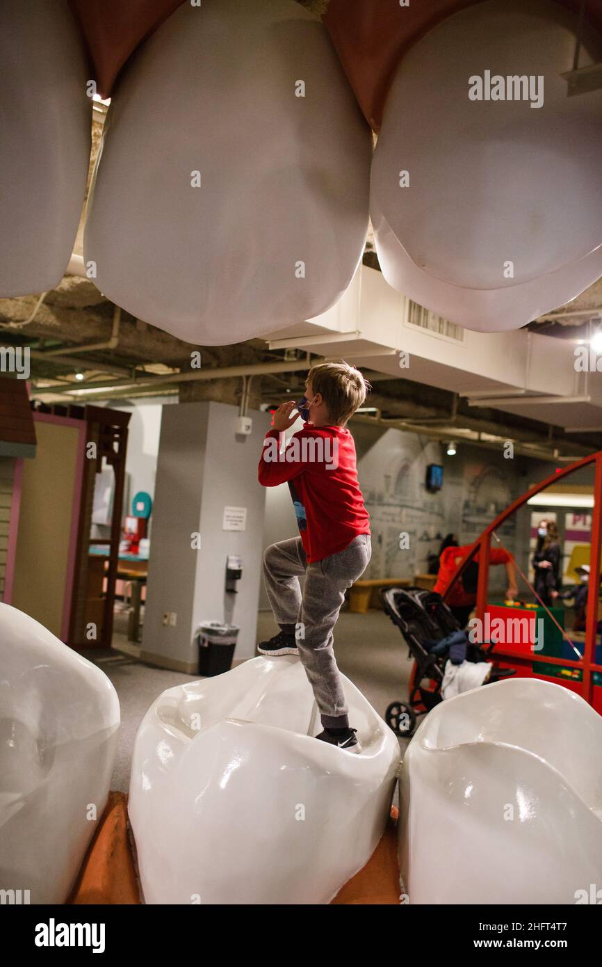 Seven Year Old Boy Exploring Giant Teeth in Museum in Cincinnati Stock ...