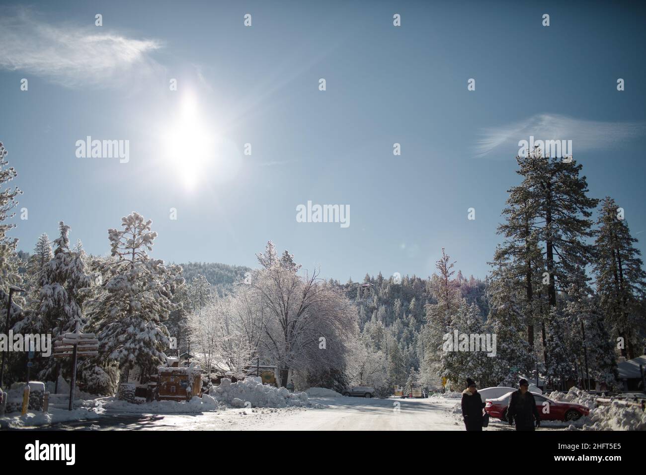 Snow Covered Street & Trees in Idyllwild Stock Photo - Alamy