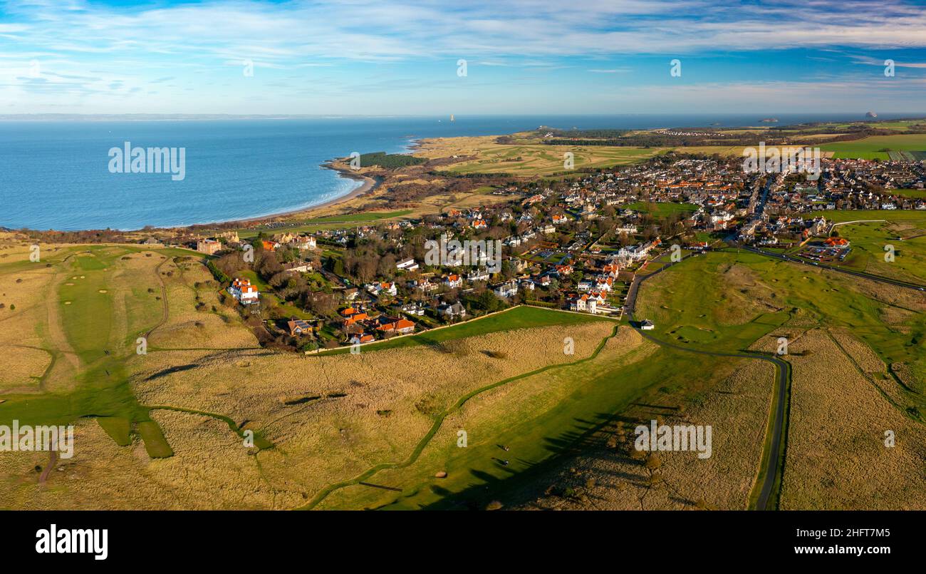 Aerial view from drone of Gullane Golf links golf course and village of ...
