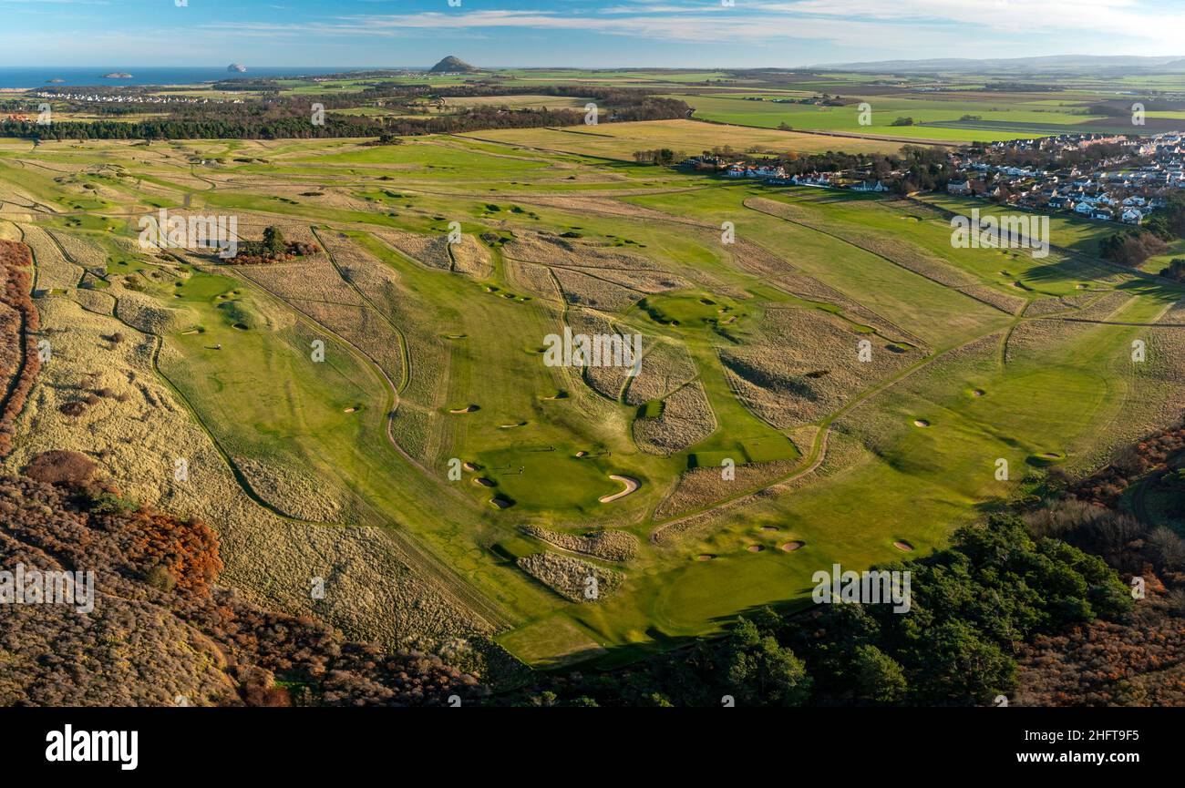 Aerial view from drone of Muirfield Golf Club in Gullane, East Lothian ...