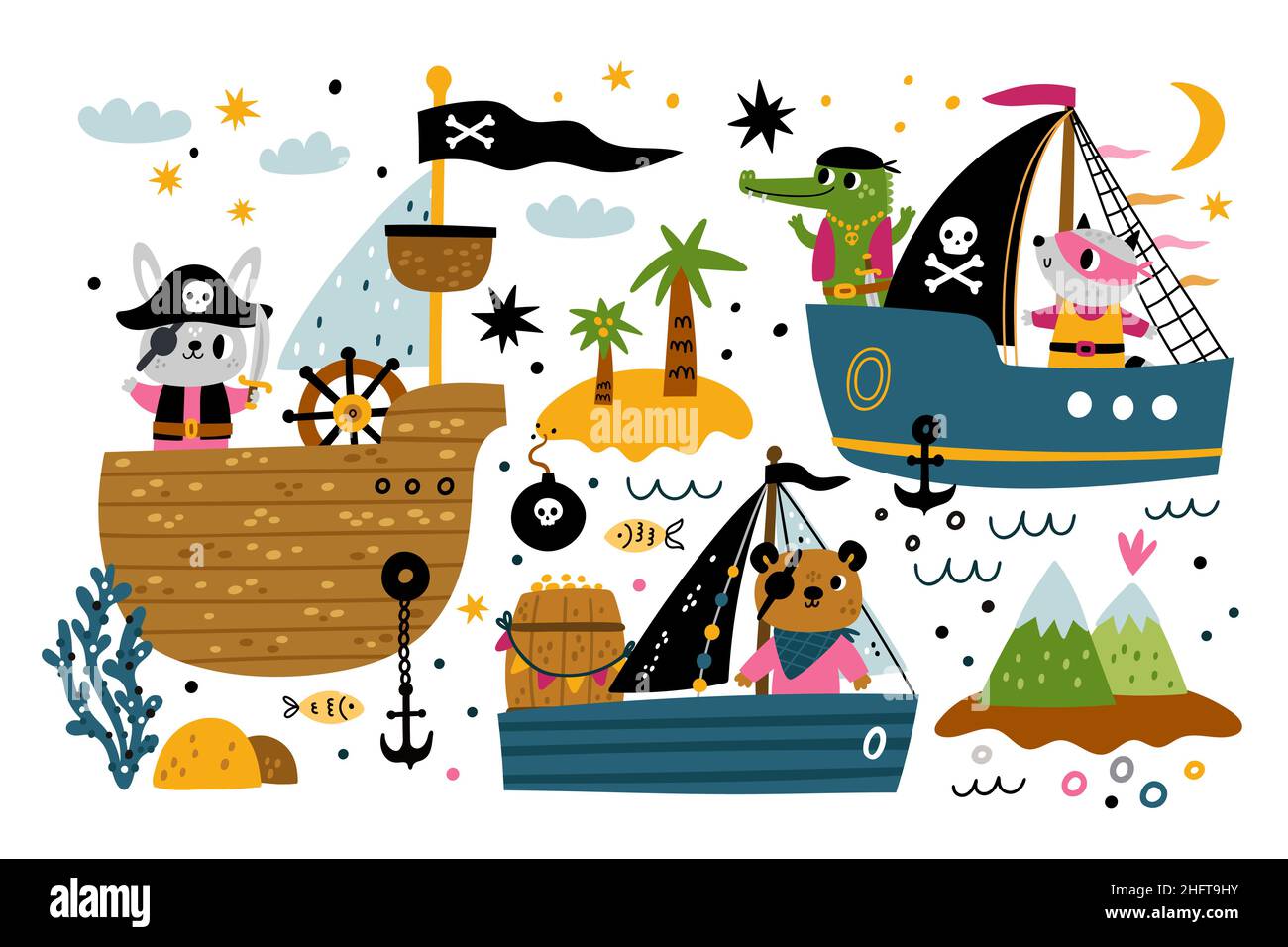 Cute baby animals boats. Kids sea and ocean transport with funny ...