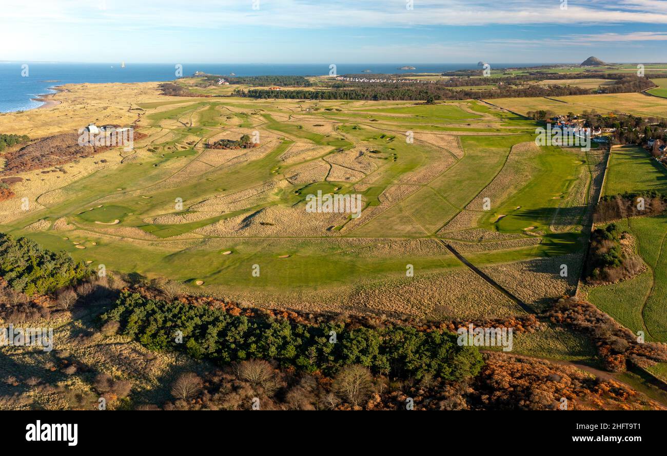 Aerial view from drone of Muirfield Golf Club in Gullane, East Lothian ...