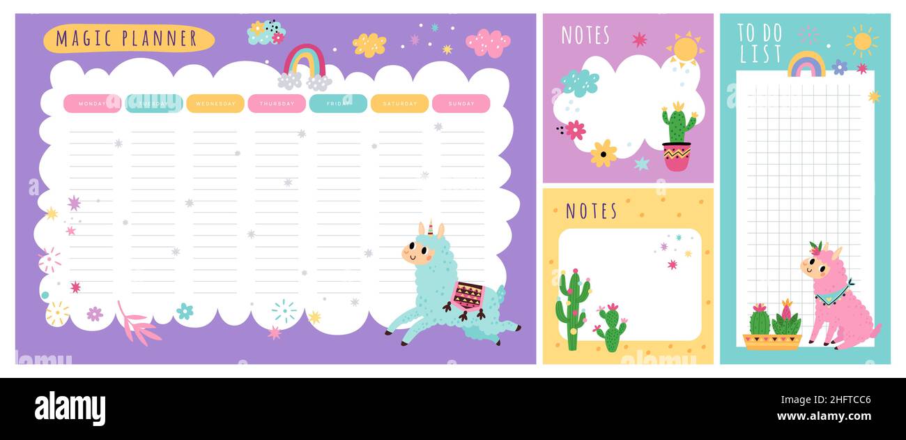 Cute llamas weekly planner. Kids schedule of classes. Notes and to do ...