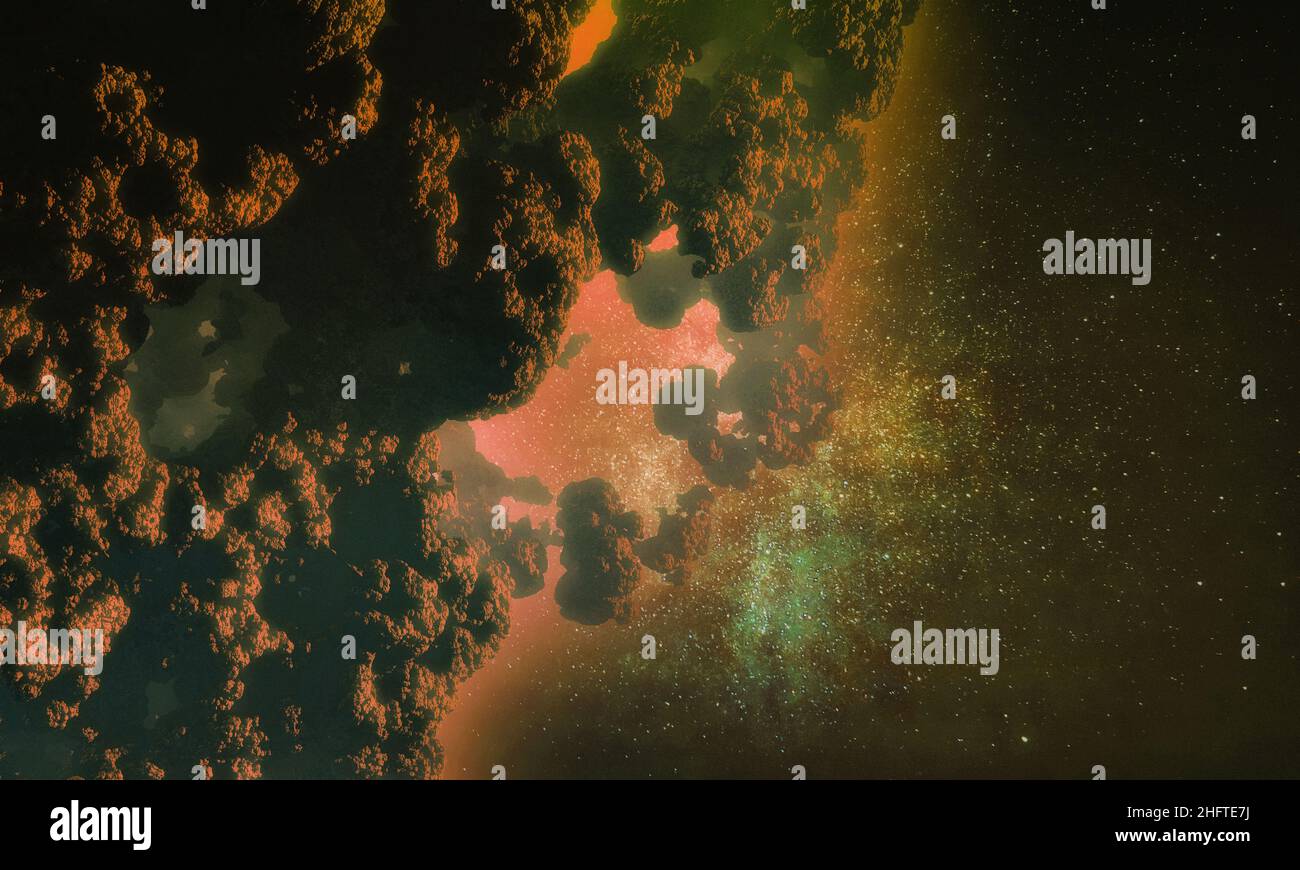 Fantastic view of space, the universe with a part of an asteroid and a ...