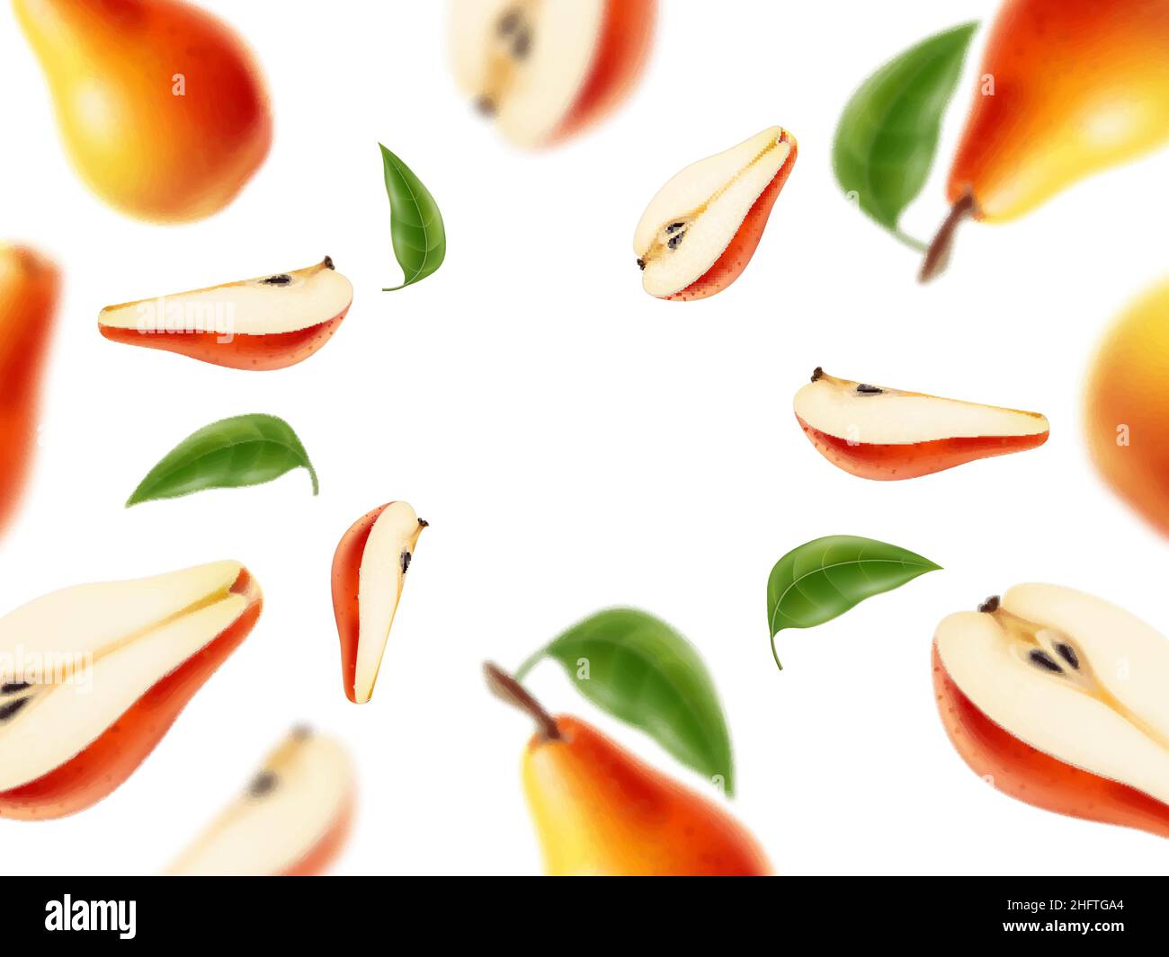 Fruit background. Realistic flying pears. Whole and pieces of juicy ...