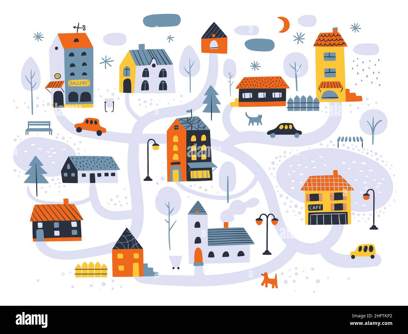 Houses city map. Winter streets scheme, tiny funny buildings with roads ...
