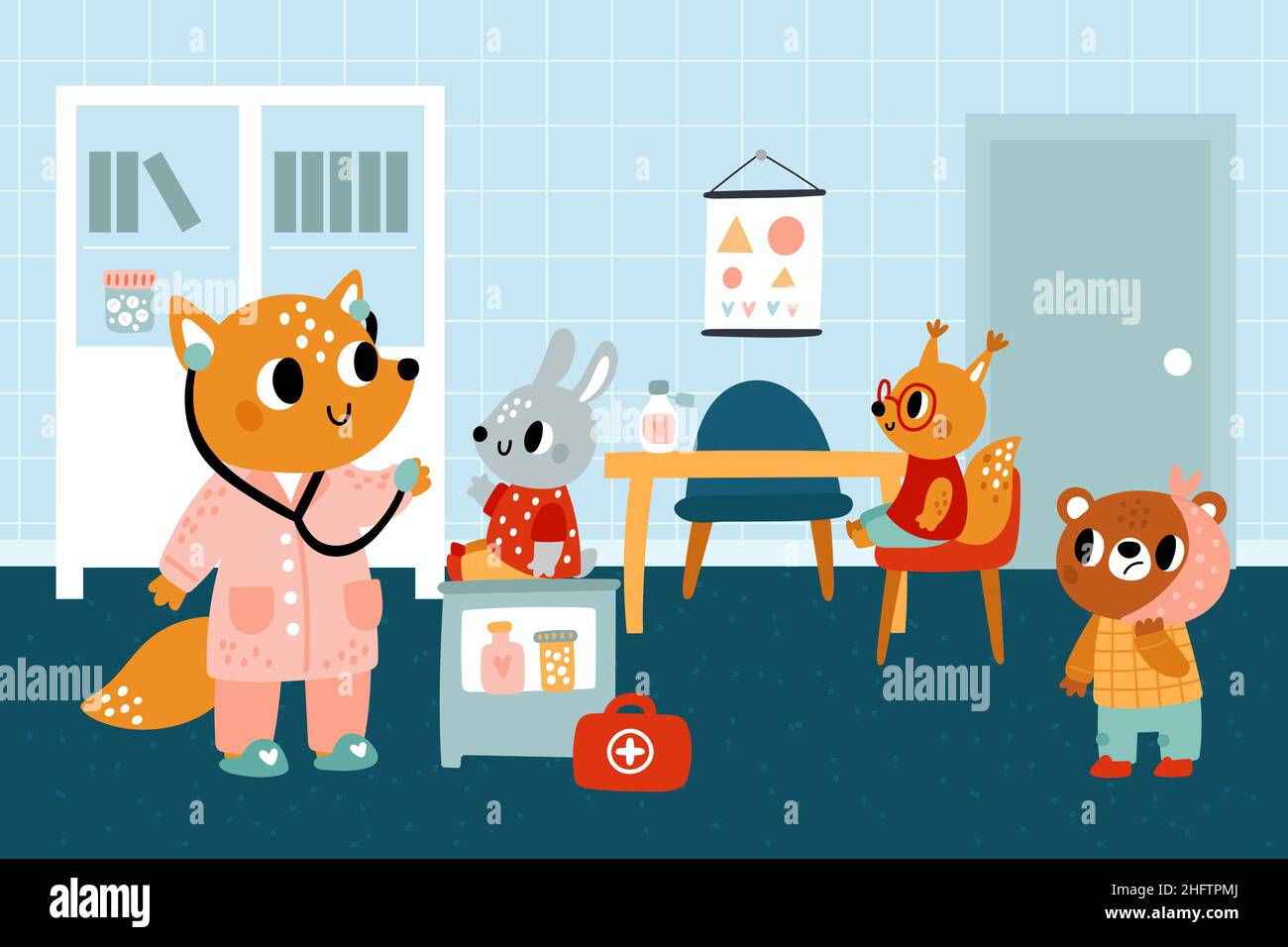 Medical examination. Animal characters in hospital. Fox doctor examines ...
