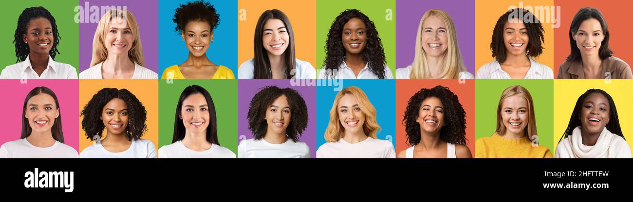 Collection of beautiful multiracial female portraits, panorama Stock ...