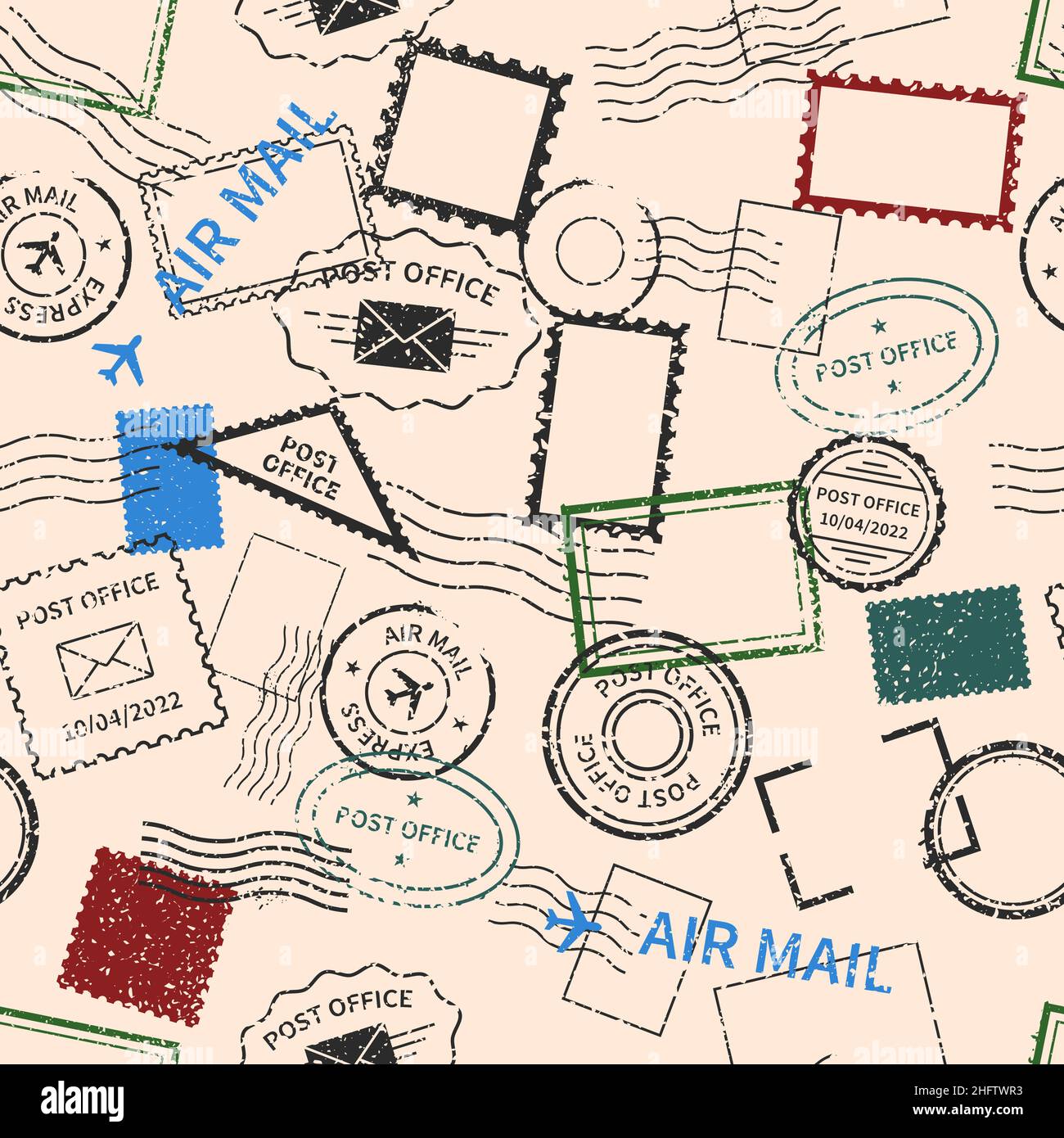 Postal stamps seamless pattern. Letters and parcels vintage tags ...