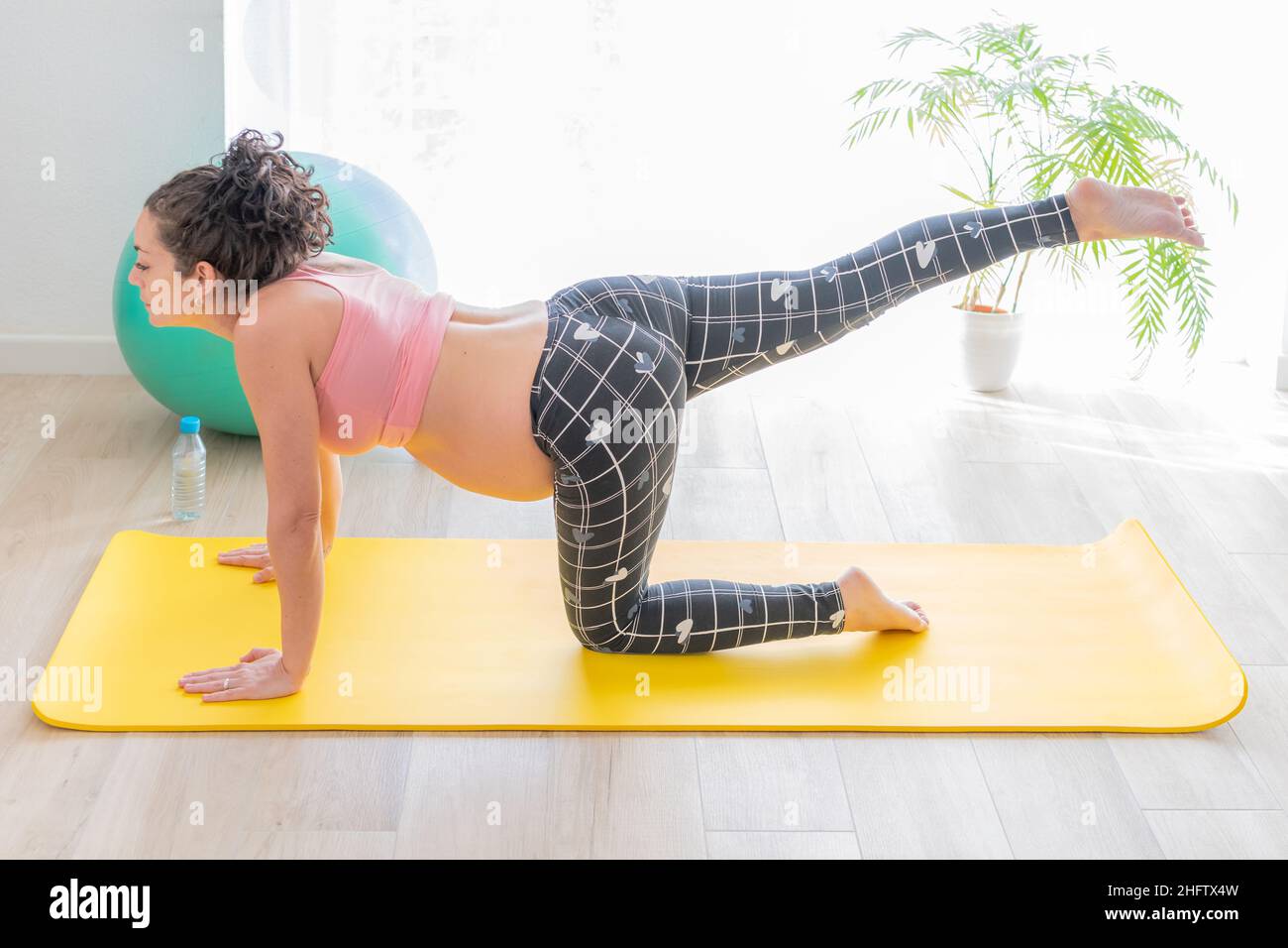 young pregnant woman doing stretching exercises on an exercise mat in ...