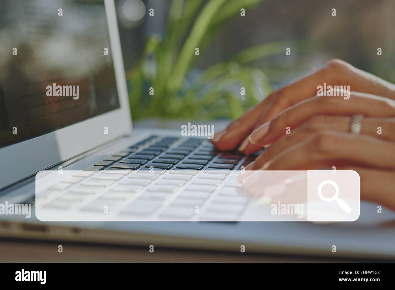 Search bar on laptop screen. woman in cafe working, using laptop ...