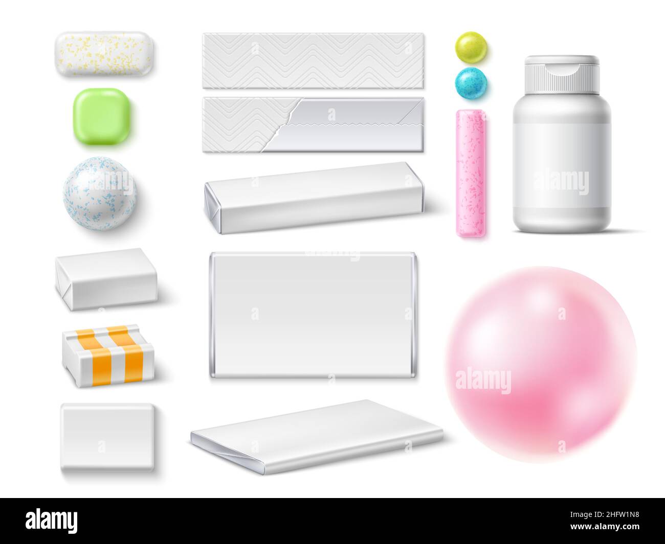 Realistic chewing gum. Different types bubblegum. Chewy refreshing pads ...