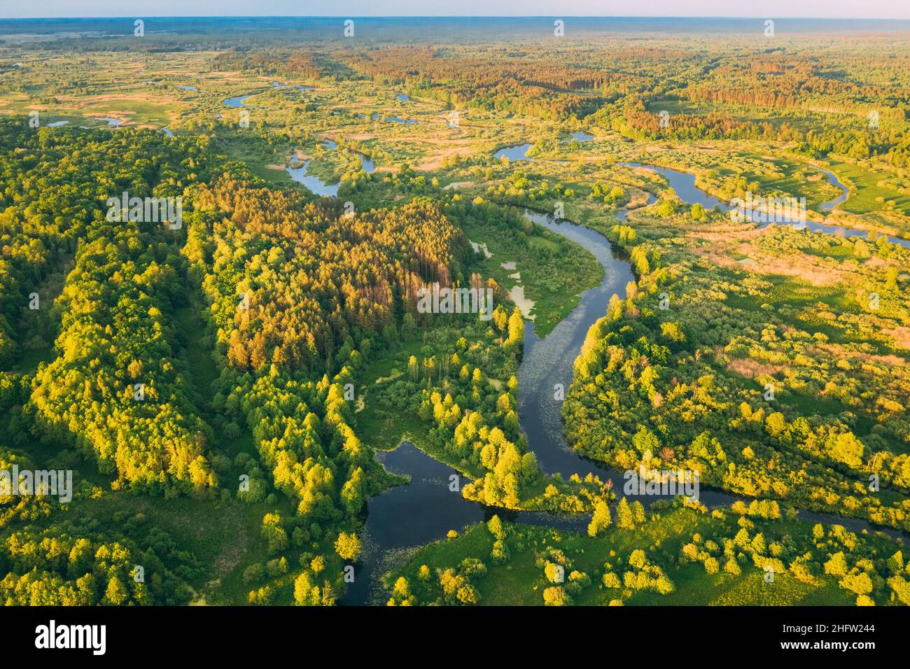 Aerial View Green Forest Woods And River Landscape In Sunny Spring ...