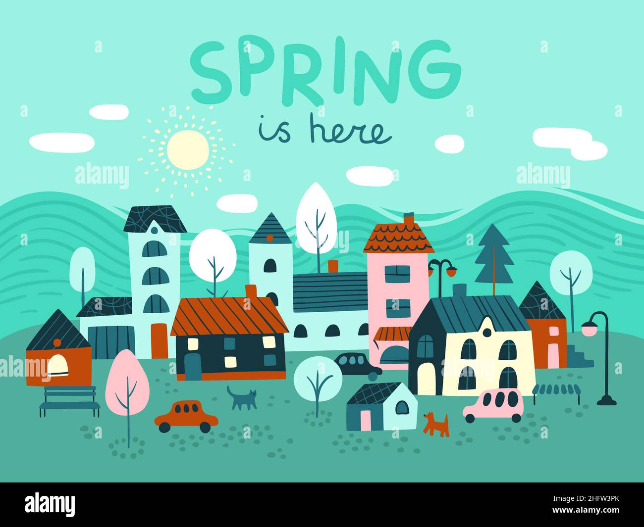 Small houses city. Little huge town. Spring season mood downtown banner ...