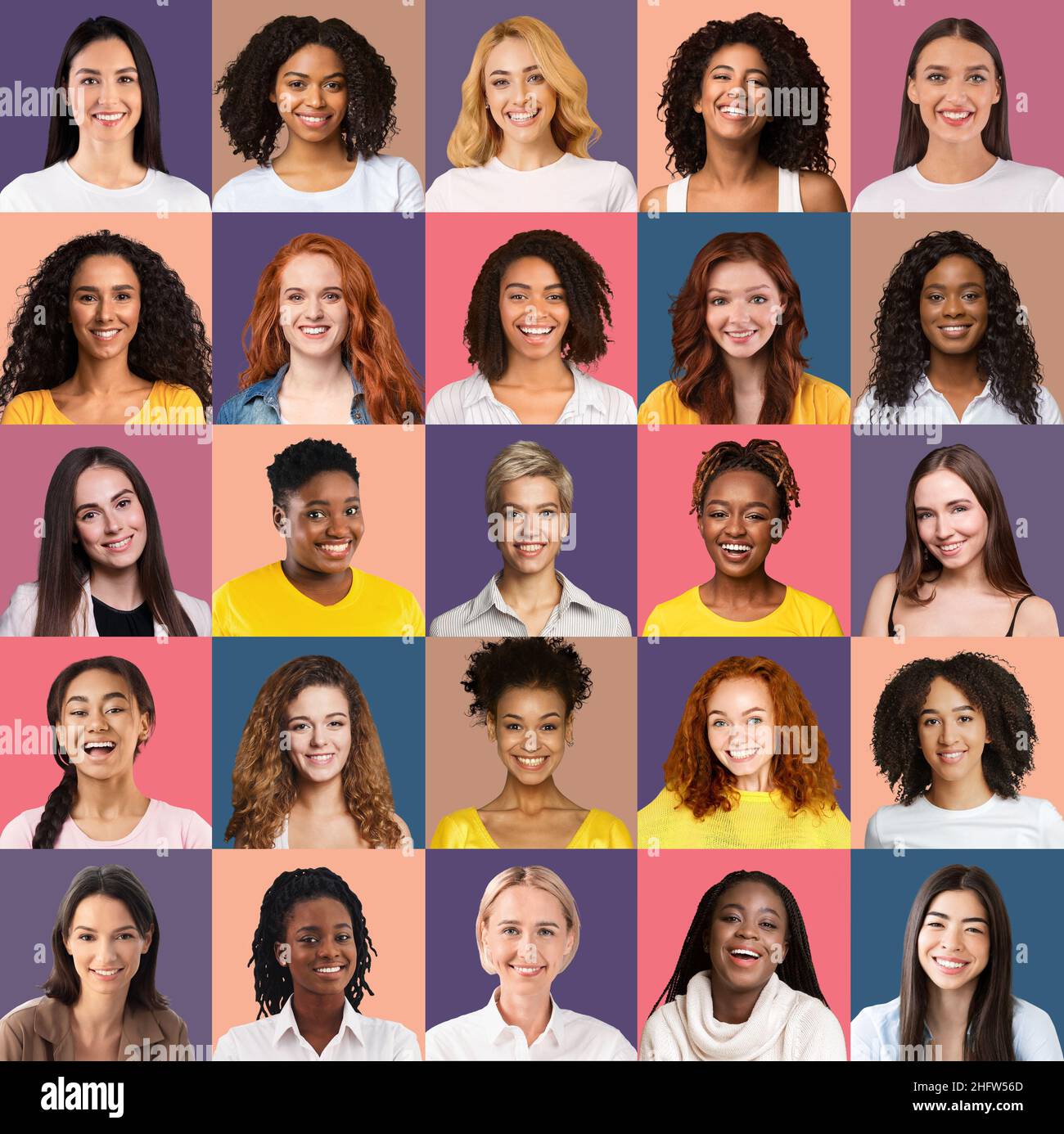 Diverse happy women of different hairstyles and looks portraits ...