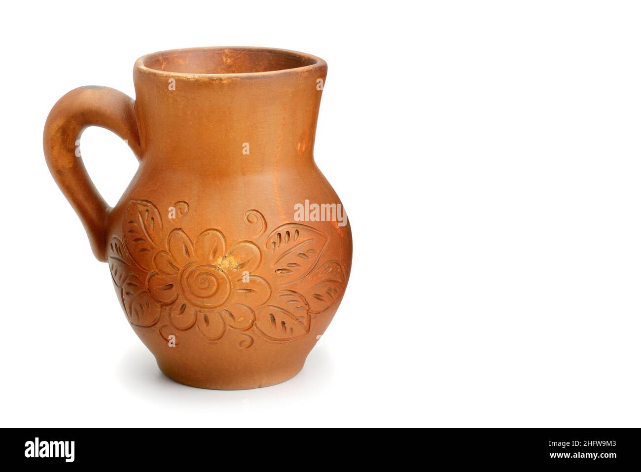 Beautiful clay pot isolated on white background. Free space for text ...