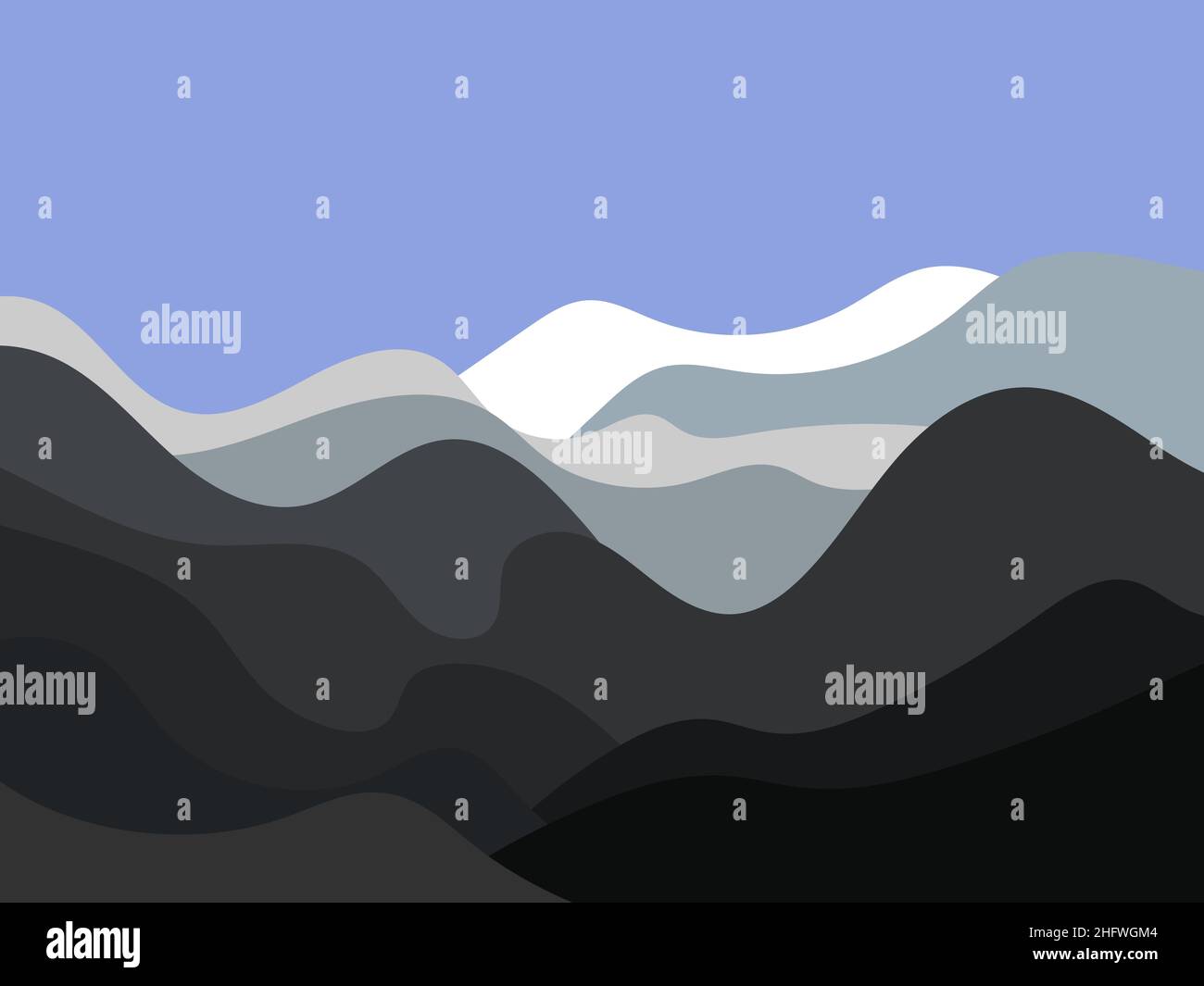 Mountain landscape with snowy hills in flat style. View of the winter ...