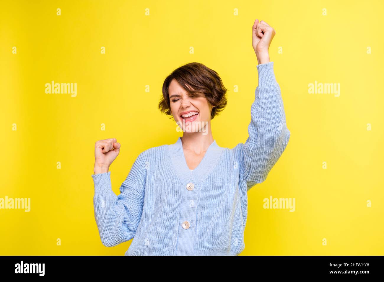 Photo of young excited girl happy positive smile celebrate win victory ...