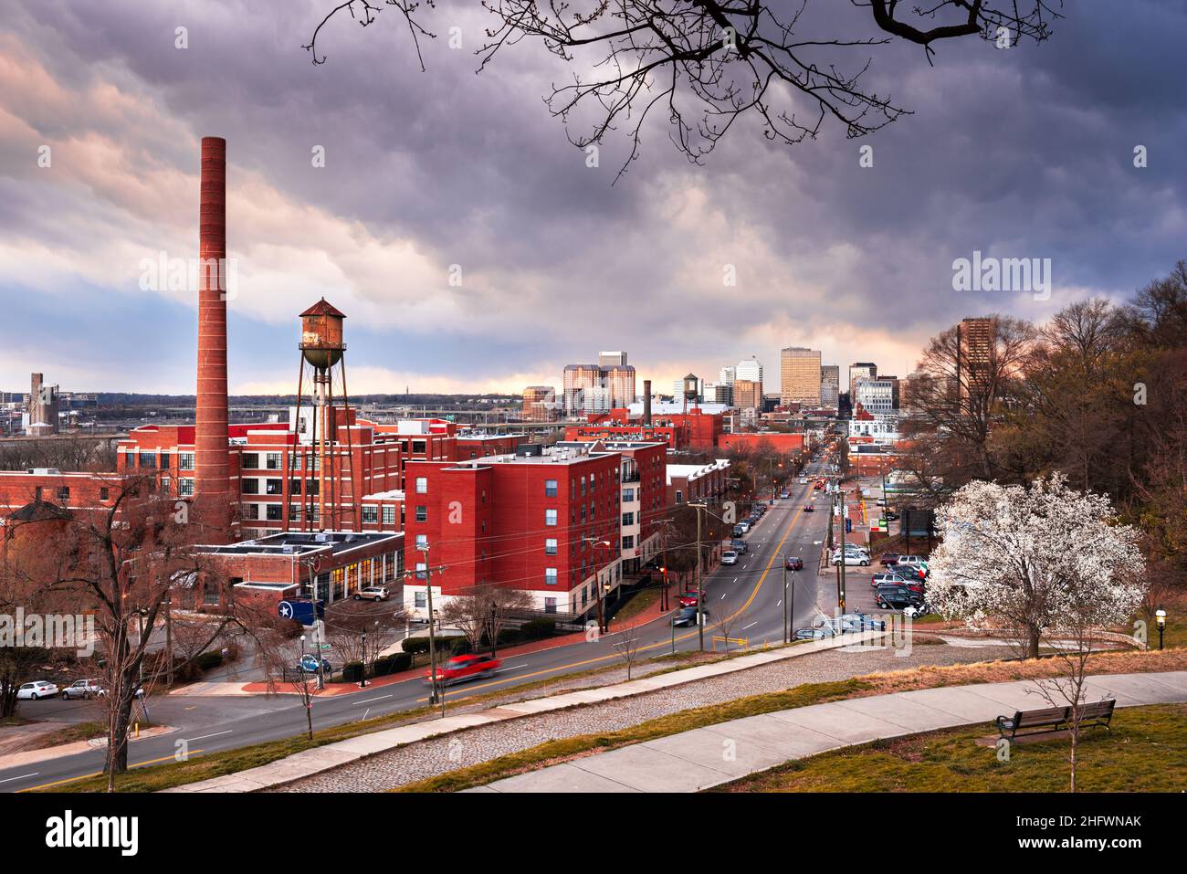 Richmond, Virginia, USA downtown cityscape over Main Street at dusk ...