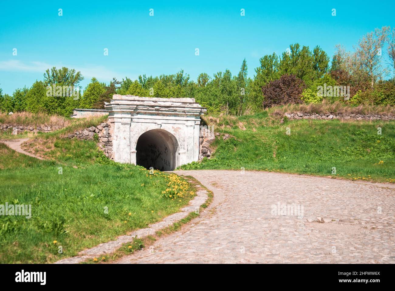 Road path leading to a stone archway in the valley of a grass forest ...