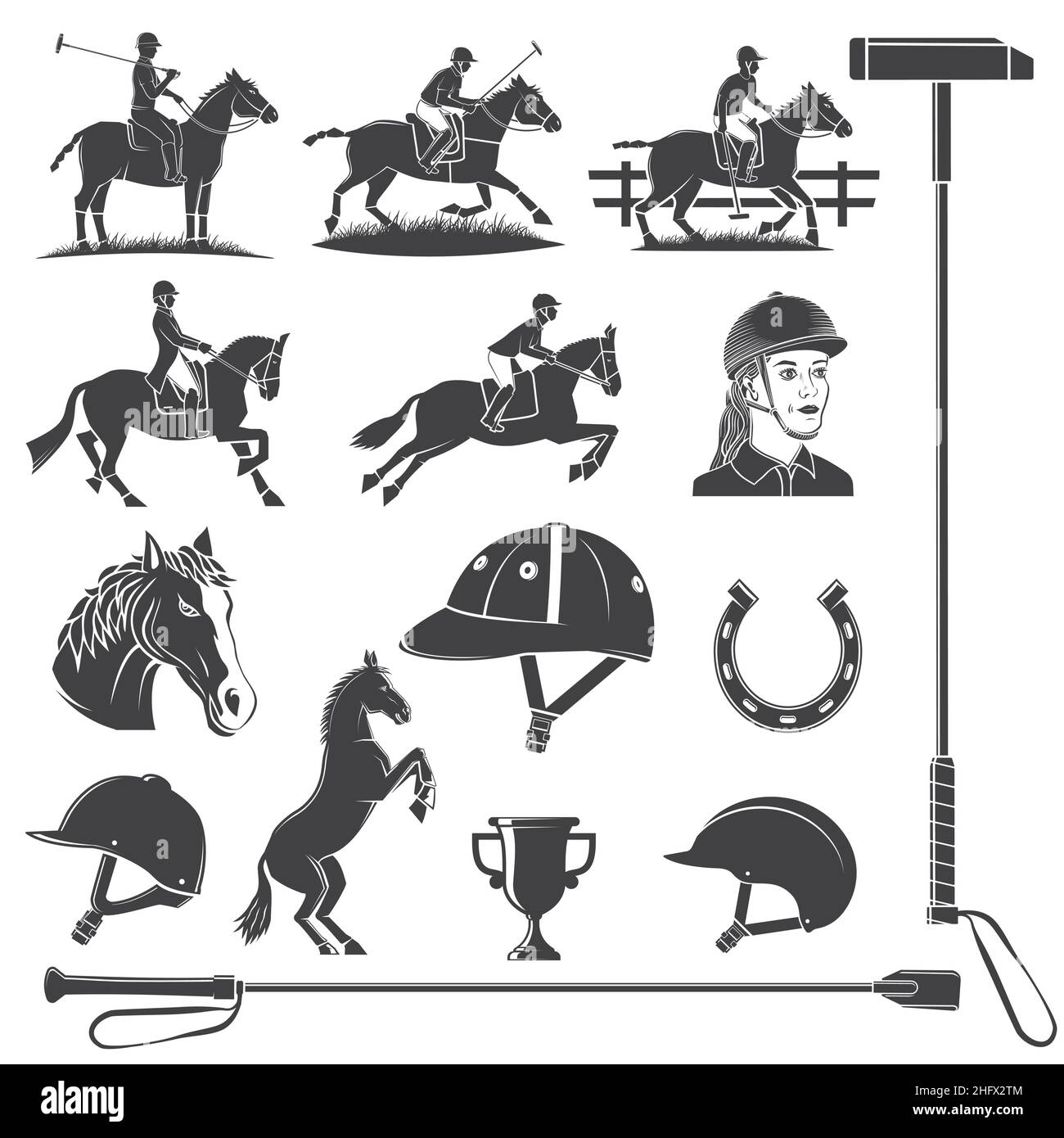 Set of Horse riding sport icon. Vector illustration. Vintage monochrome ...